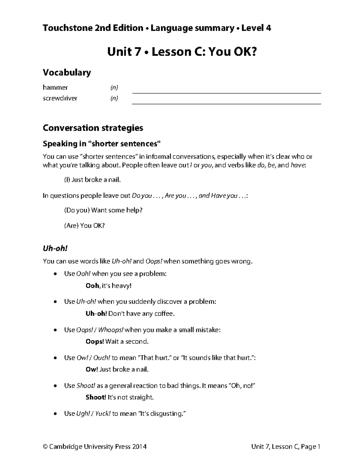 TS2e L4 U7 LC Langsum - Touchstone 2nd Edition • Language summary • Level 4 Unit 7 • Lesson C ...