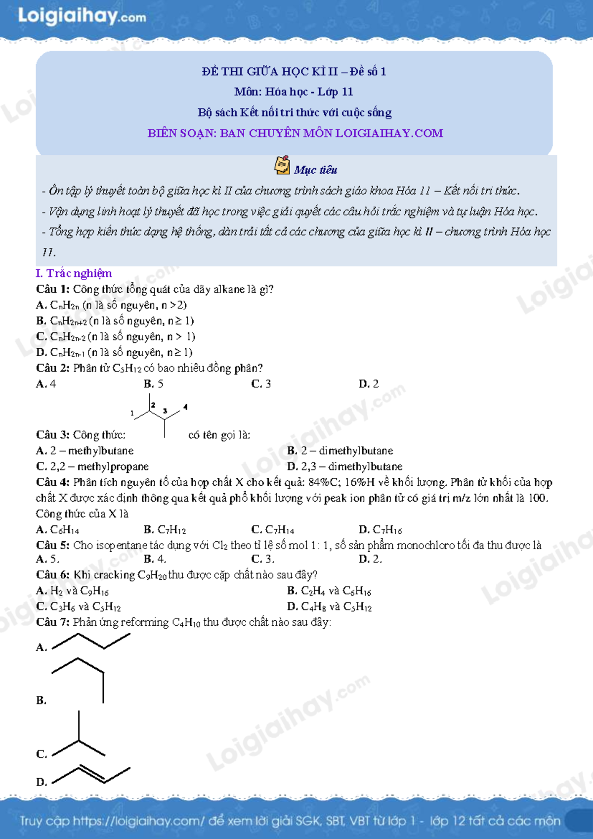 De thi giua ki 2 hoa 11 ket noi tri thuc de so 1 1704682889 - ĐỀ THI GIỮA HỌC KÌ II – Đề số 1 ...