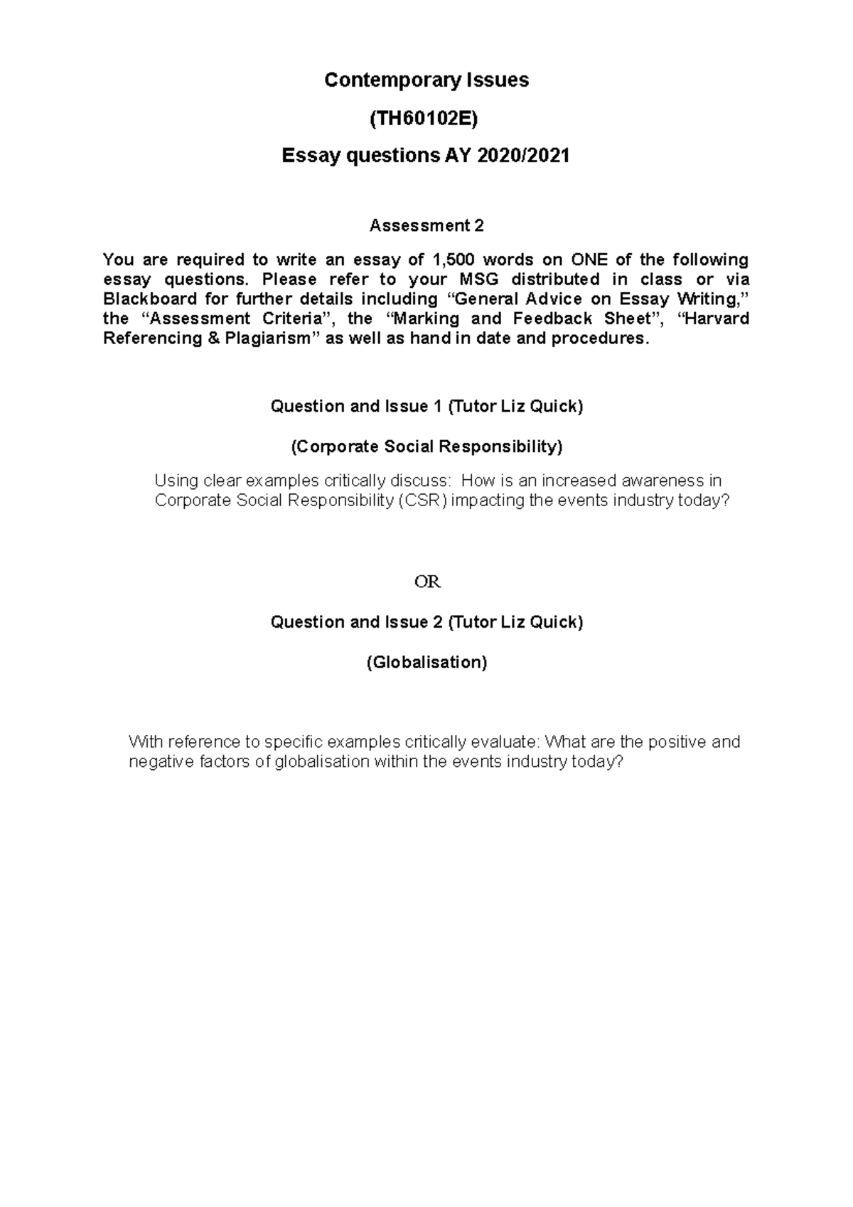A2 Contemporary - assignment - Contemporary Issues (TH60102E) Essay ...
