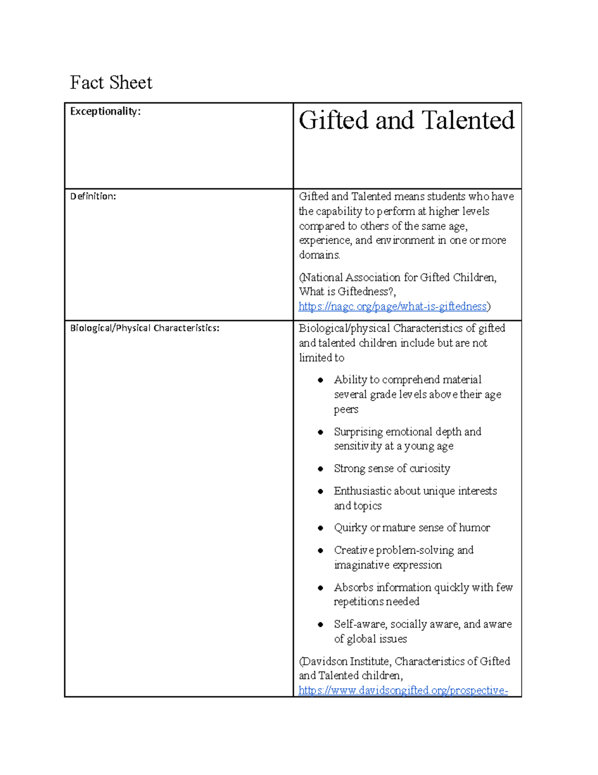 Gifted and Talented Fact Sheet - Fact Sheet Exceptionality: Gifted and ...
