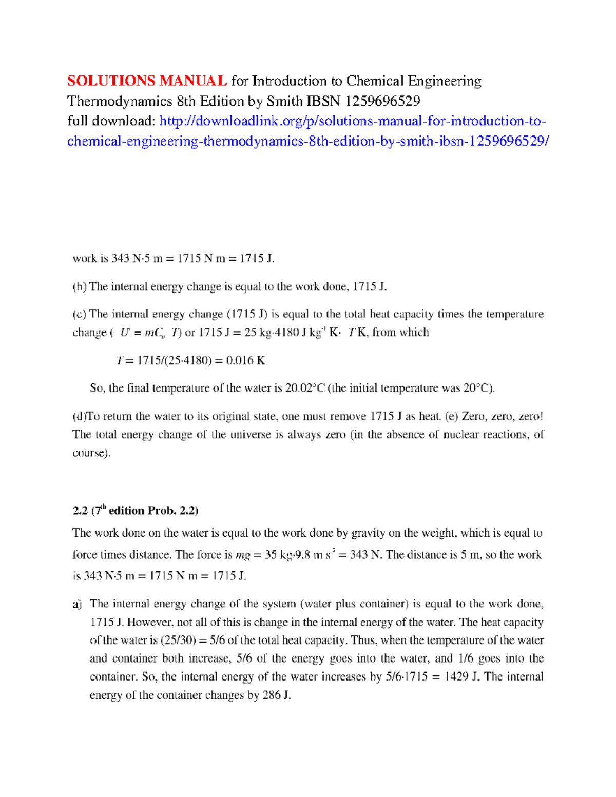 Pdfcoffee - Hzjsoodjh - 化學材料科學 - SOLUTIONS MANUAL for Introduction to Chemical Engineering - Studocu