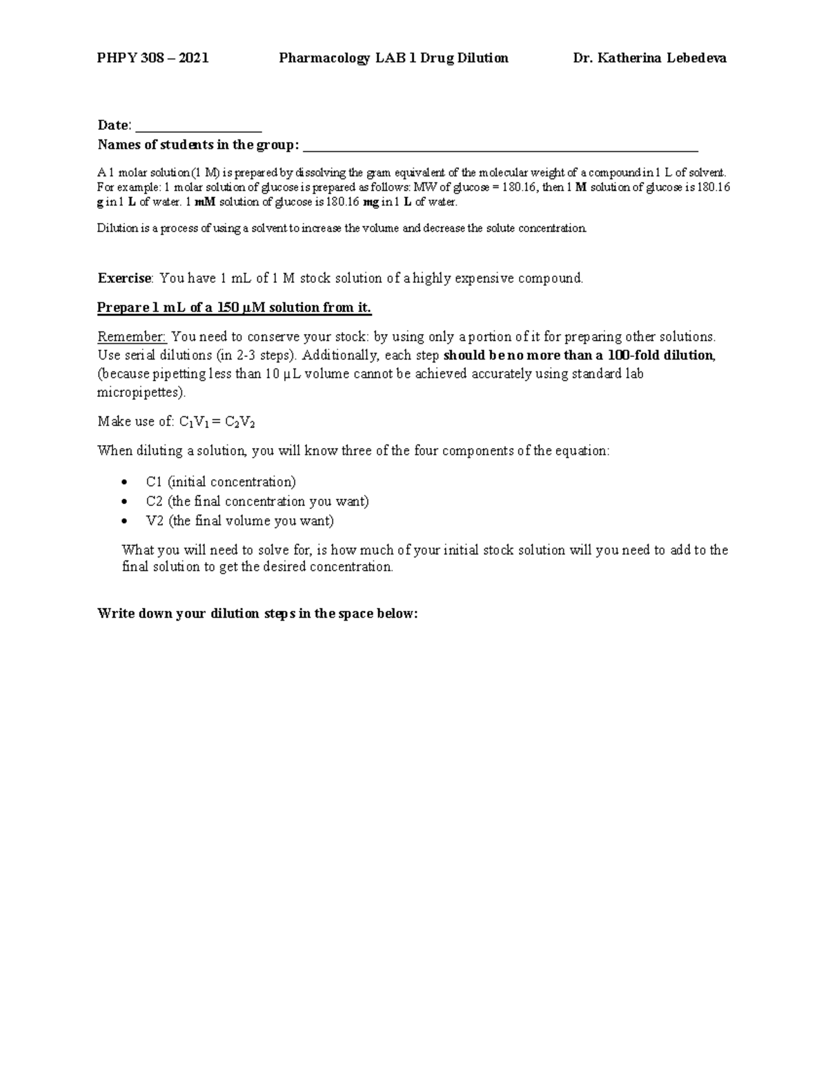 Drug Dilution Exercise A - PHPY 308 – 2021 Pharmacology LAB 1 Drug ...