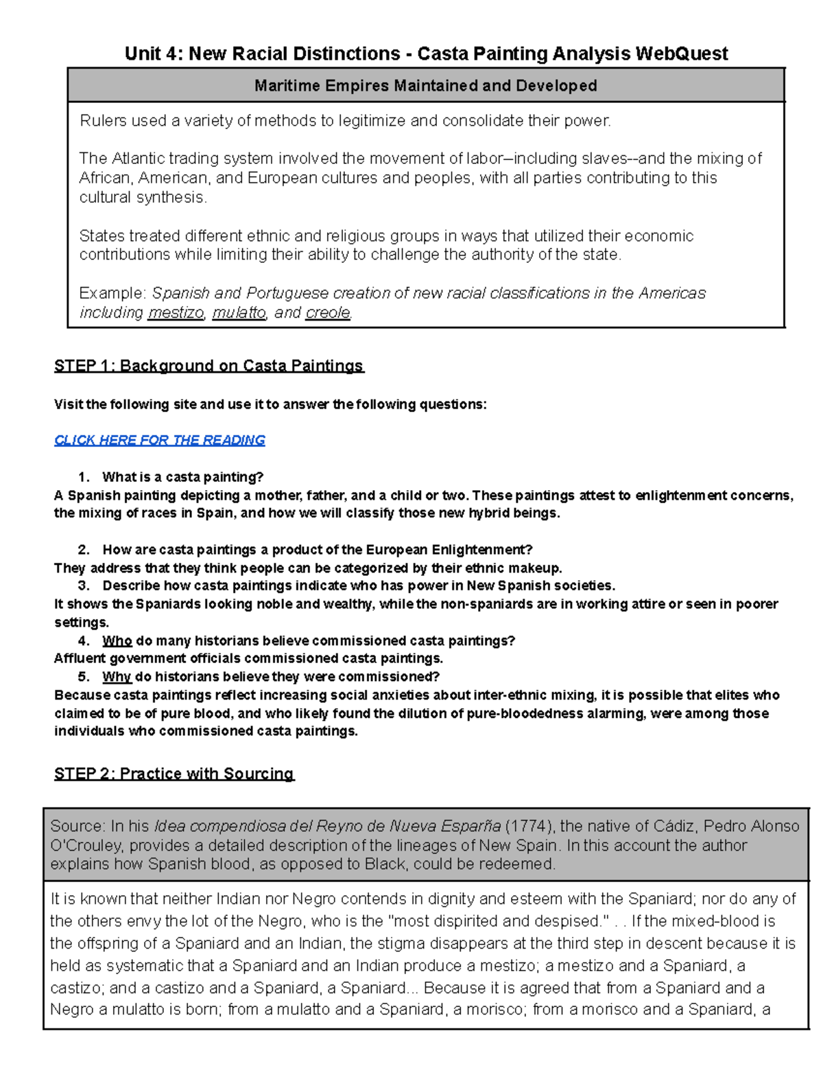 APWH Unit 4 - New Racial Distinctions - Casta Painting Web Quest - Unit ...