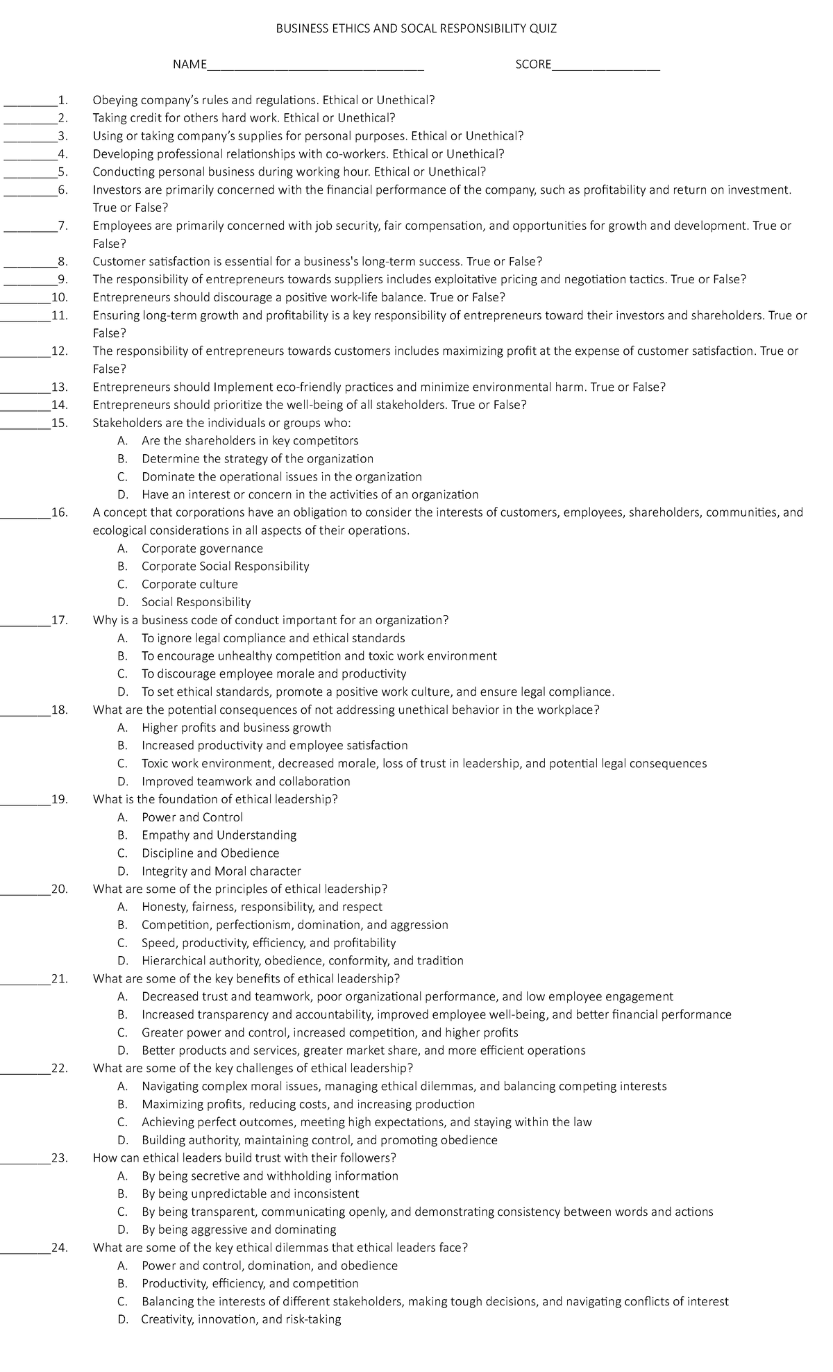 BESR Quiz Prefinal - BUSINESS ETHICS AND SOCAL RESPONSIBILITY QUIZ ...