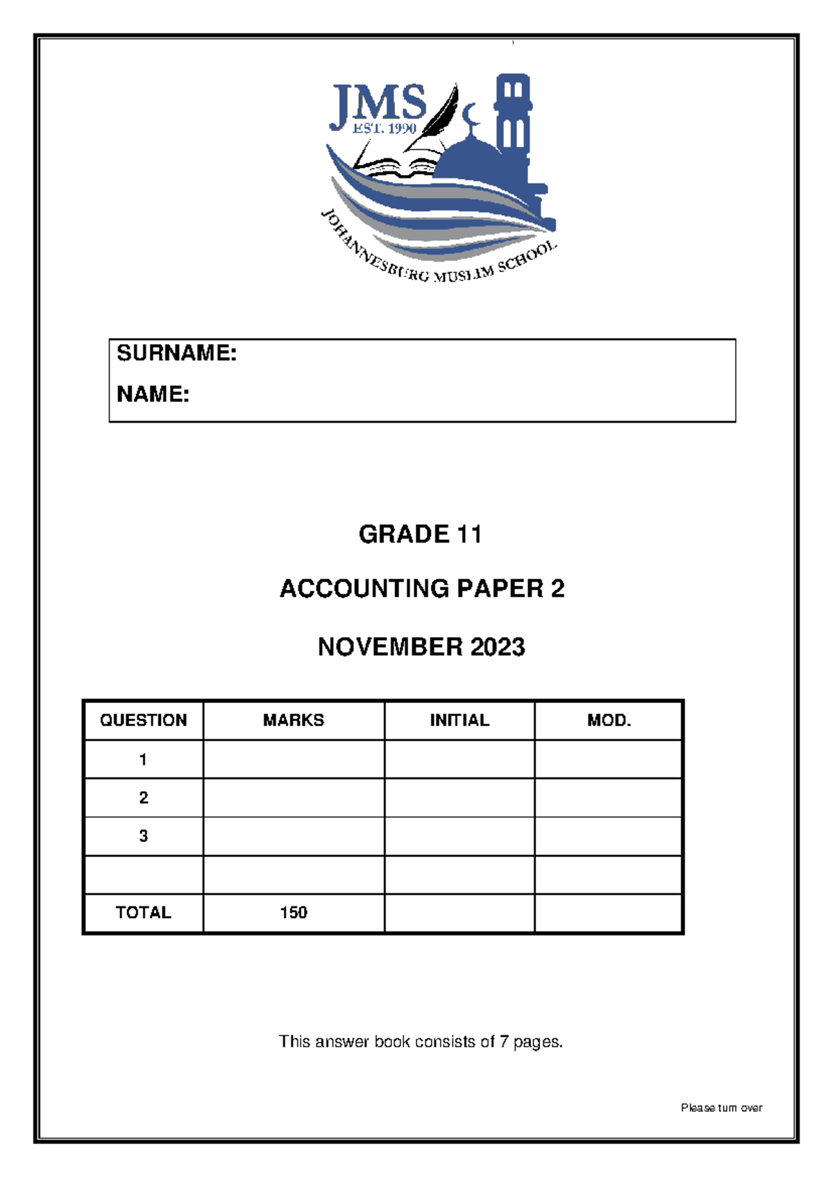 Gr 11 Acc Nov 2022 P2 AB - Good for practice - SURNAME: NAME: GRADE 11 ...