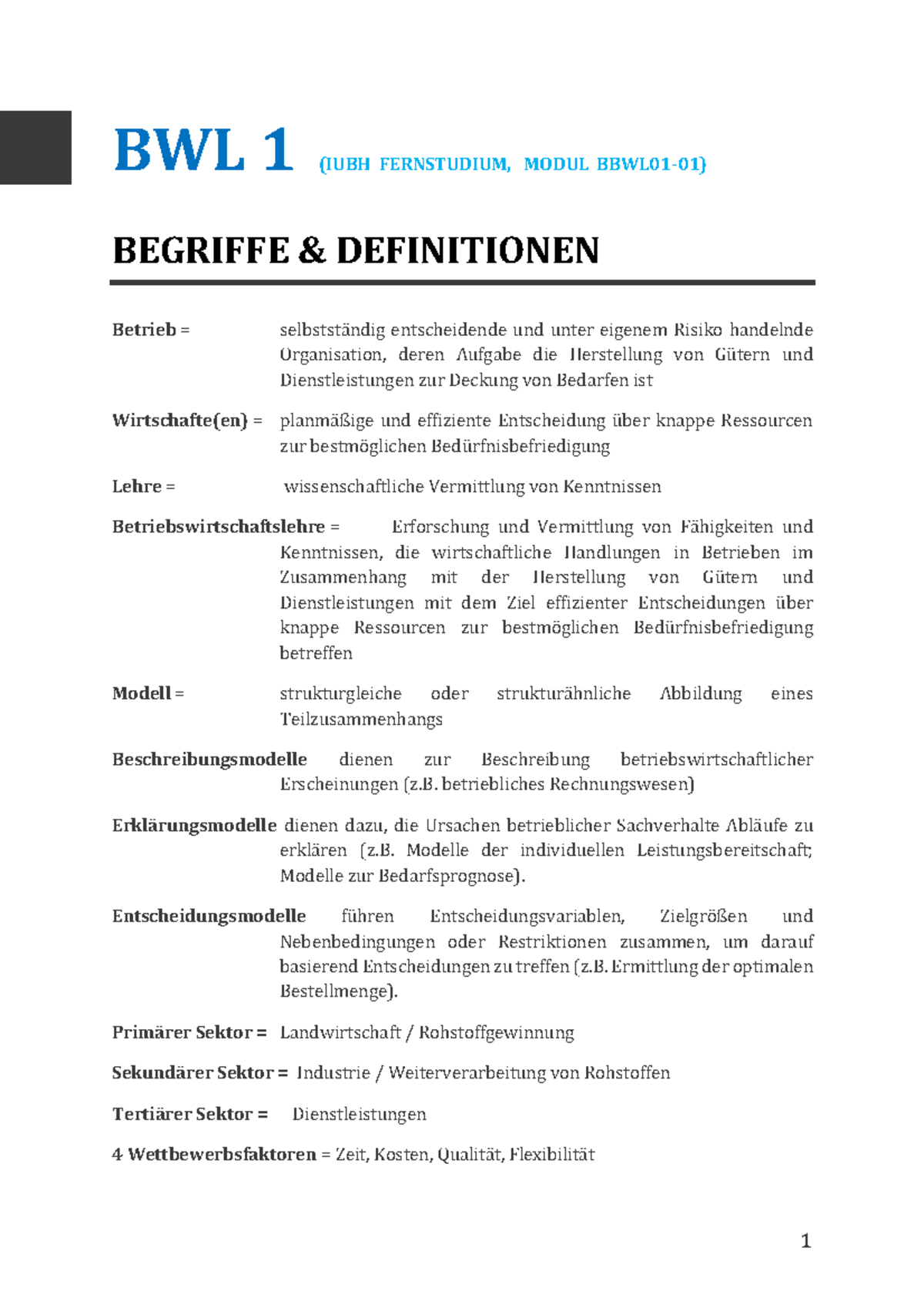 BWL 1 Definitionen - BWL 1 (IUBH FERNSTUDIUM, MODUL BBWL01-01) BEGRIFFE ...