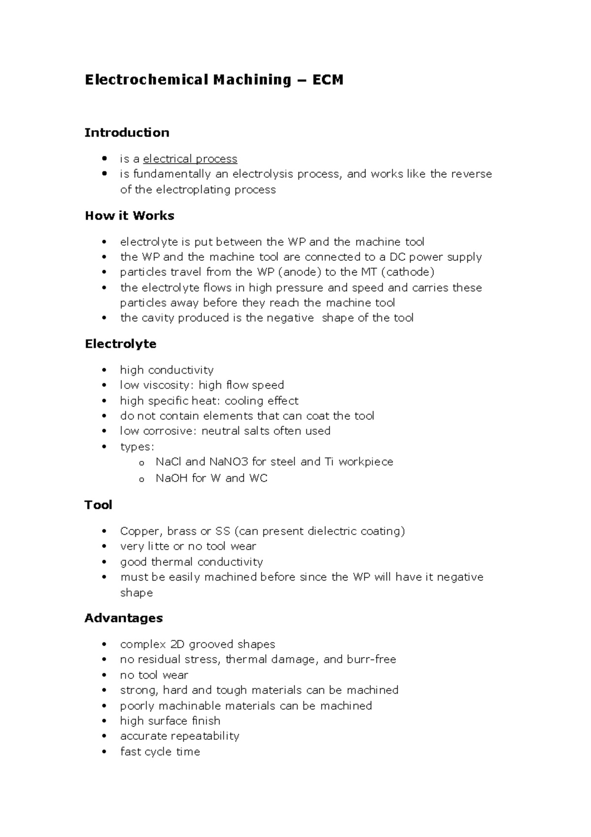 Lecture notes - ECM - Electrochemical Machining - Sustainable ...