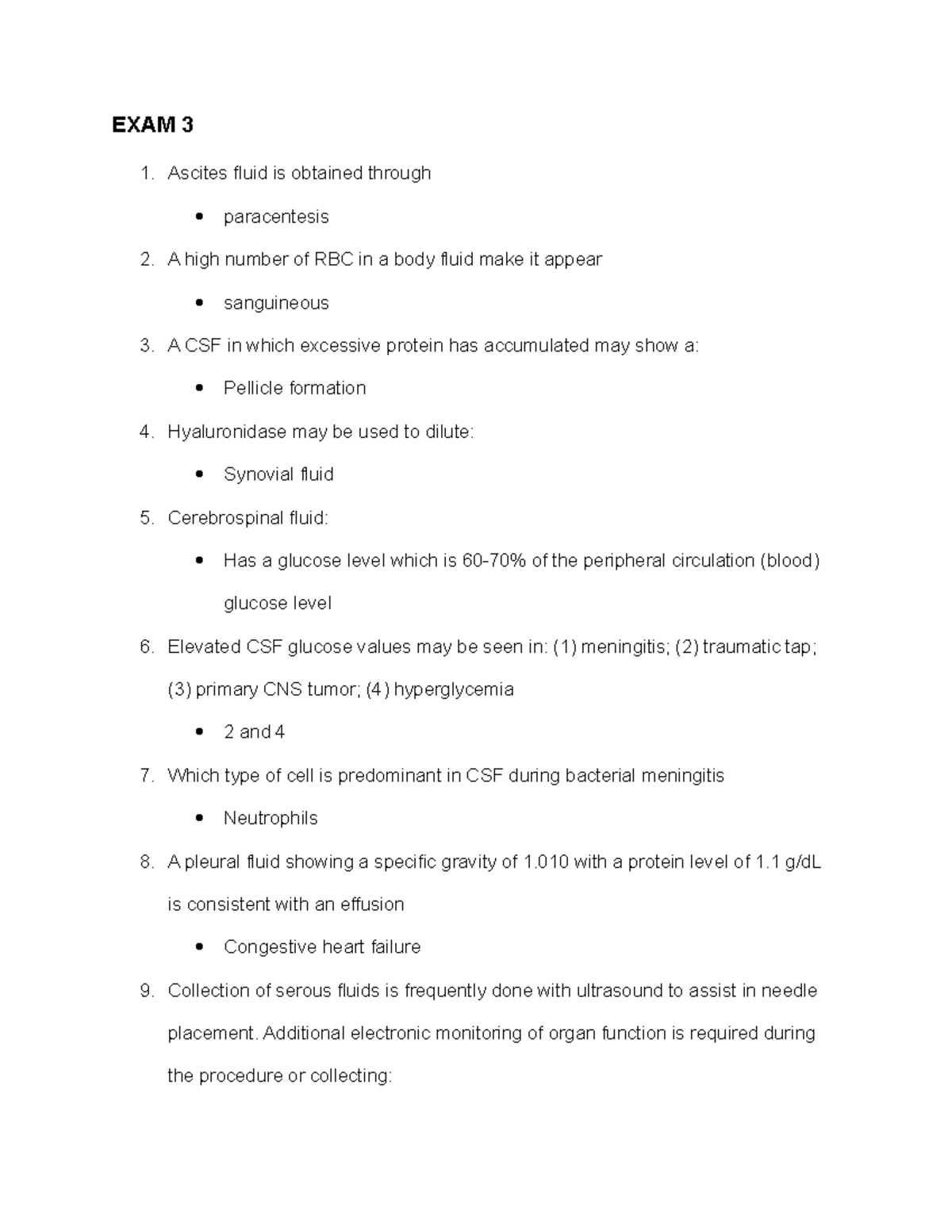 Clinical Chem Exam 3 - EXAM 3 Ascites fluid is obtained through ...
