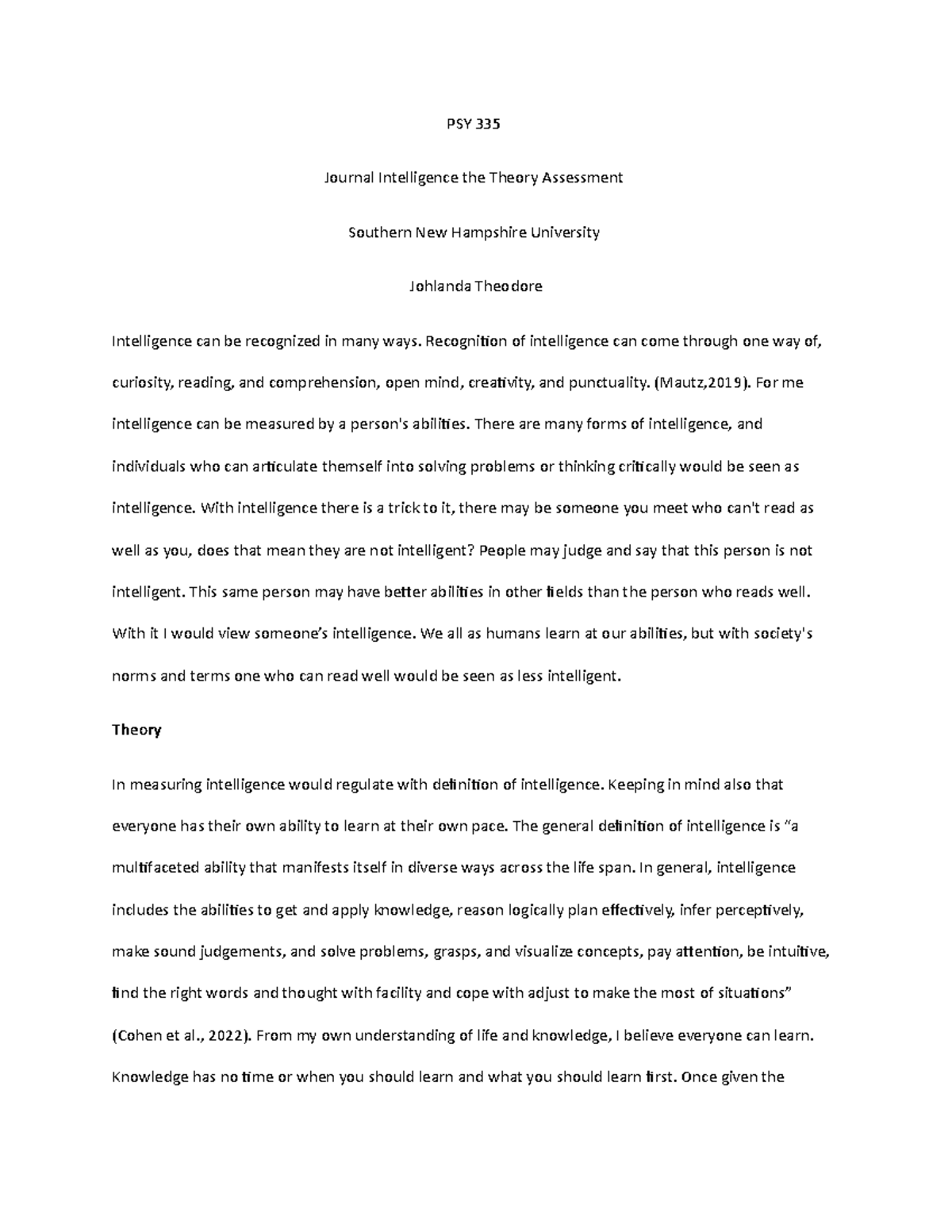Document 42 - Assignment 1 - PSY 335 Journal Intelligence the Theory ...