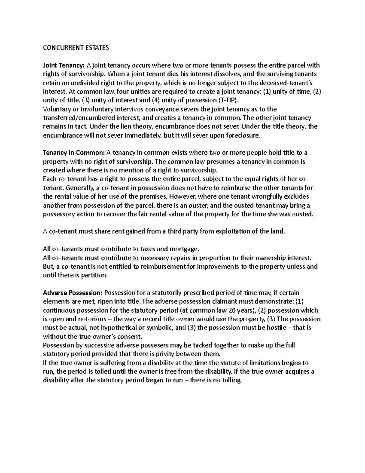 Concurrent Estates - property law basic rules - CONCURRENT ESTATES ...