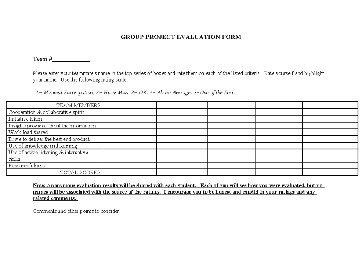 Group Project Evaluation Form Group Project Evaluation Form Team Please Enter Your Teammate S