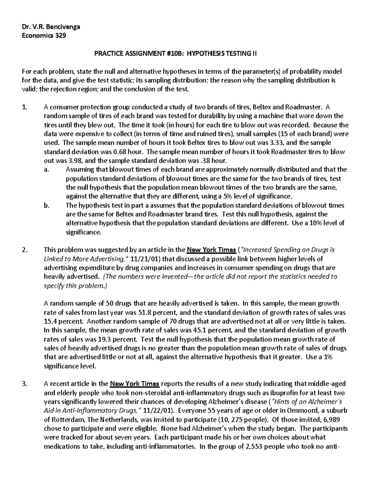 10 STAT HWB q hypothesis testing two pops - Dr. V. Bencivenga Economics ...