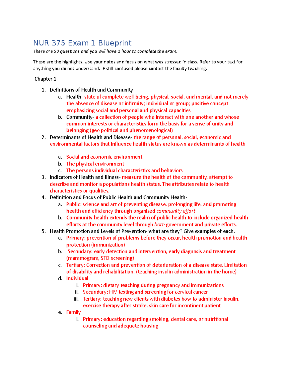 Study Blueprint for the Exam - NUR 375 Exam 1 Blueprint There are 50 ...