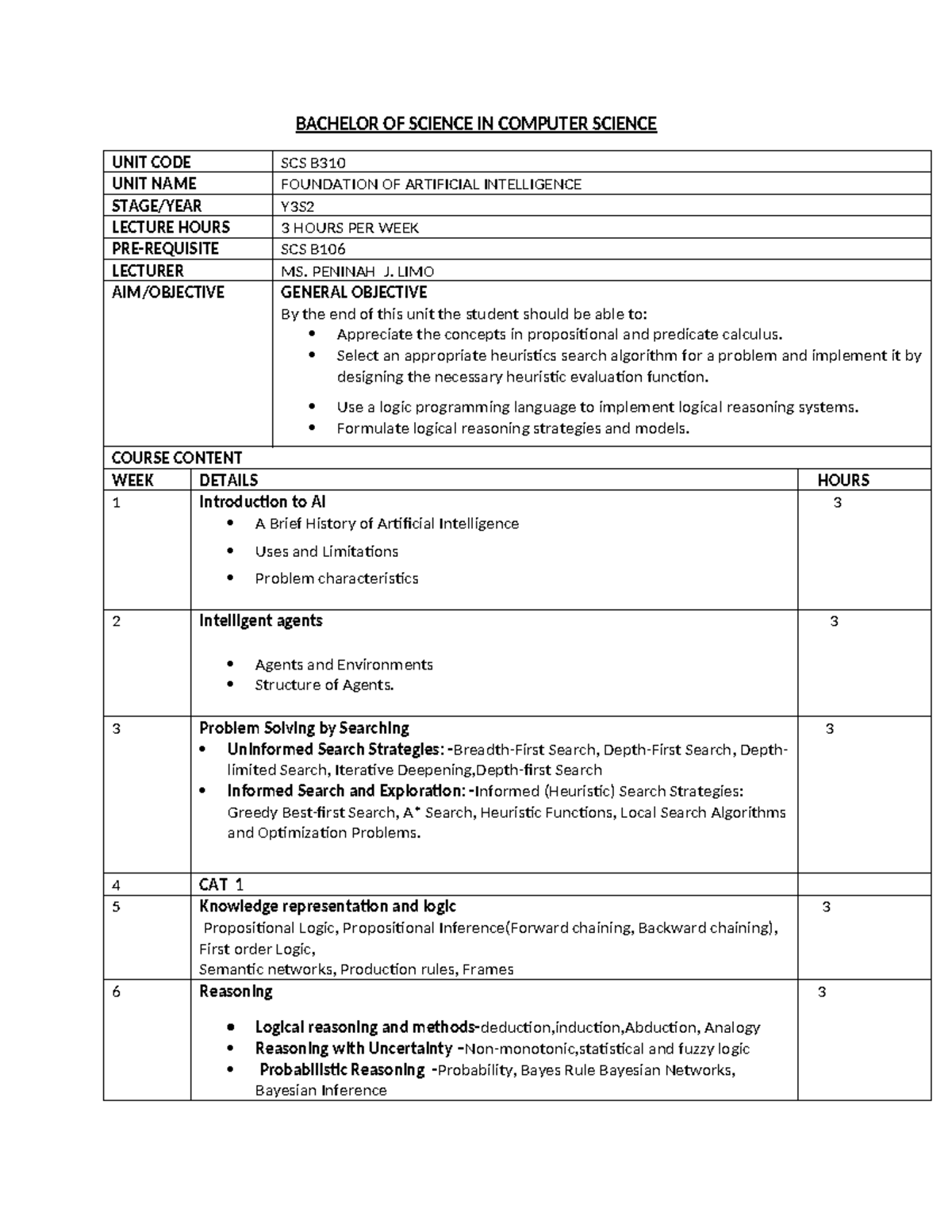 SCS B310 Course Outline- Foundation OF Artificial Intelligence ...