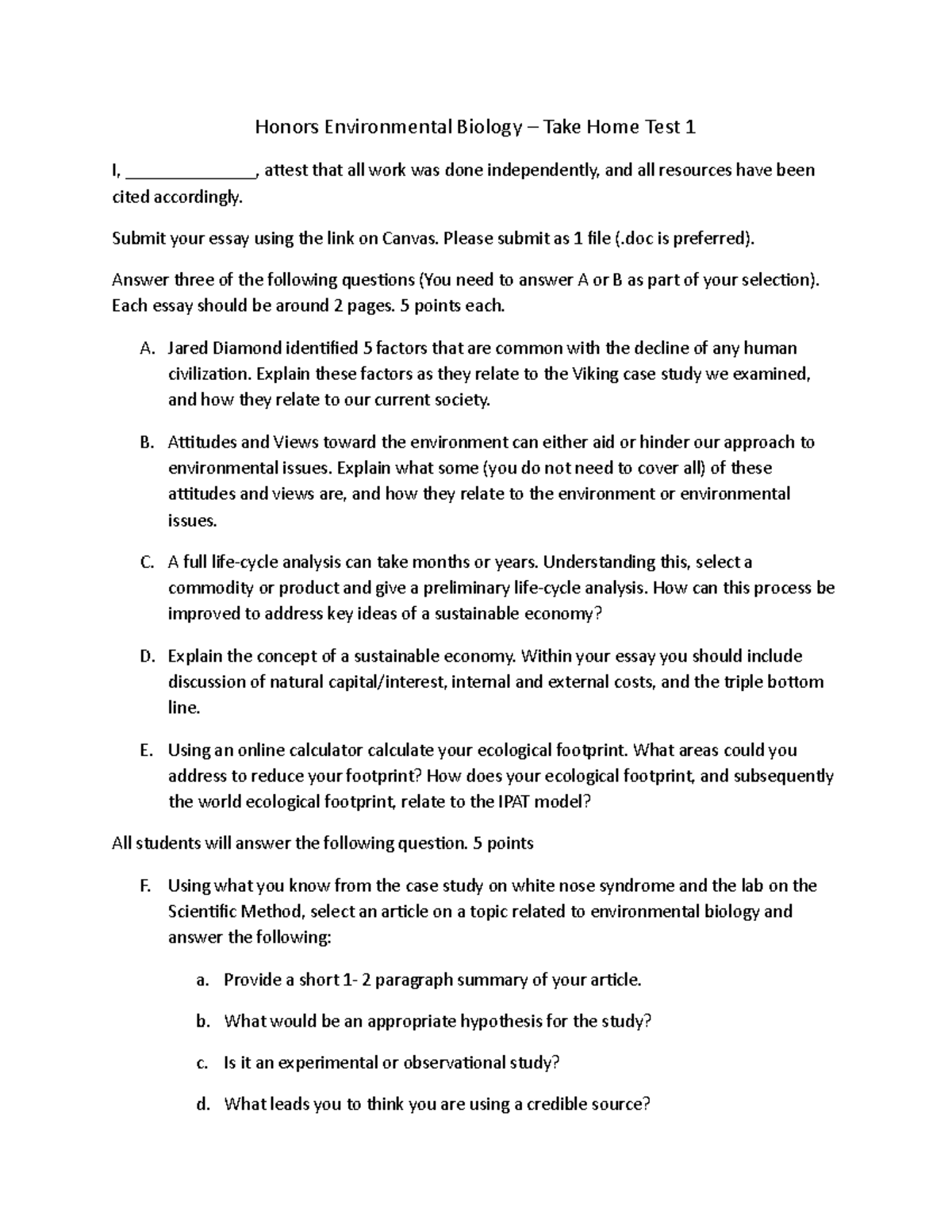 Honors Environmental Biology – Example Take Home Test 1 - Submit your ...