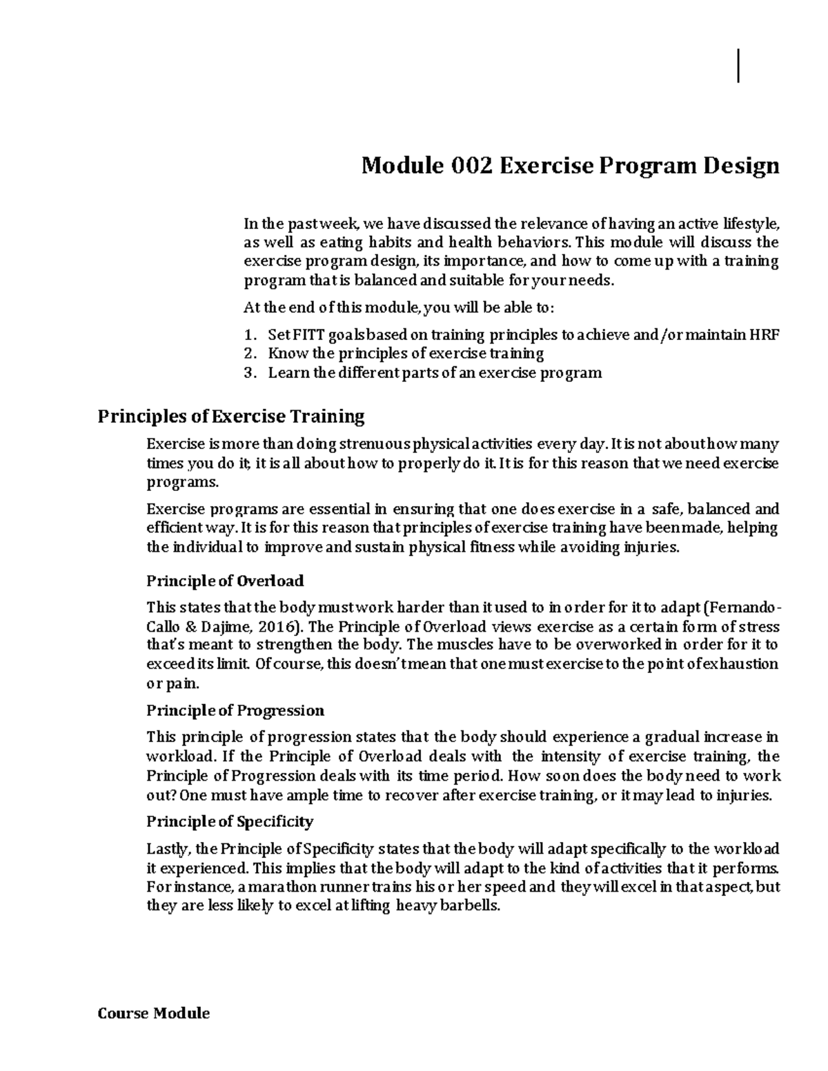 Week 002 Module 1 Exercise Program Design Course Module Module 0 02 Exercise Program Design In