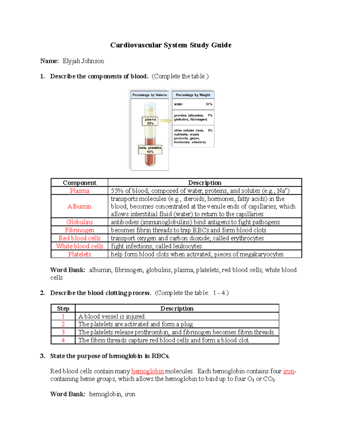 Cardiovascular System Study Guide Bio 151 Unit 3 - Cardiovascular System Study Guide Name ...