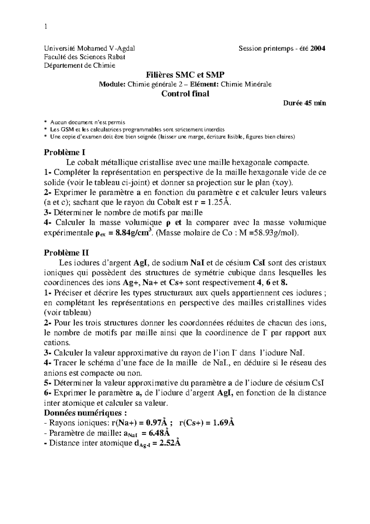 Examn fsr - Université Mohamed V-Agdal Session printemps - été 2004 ...