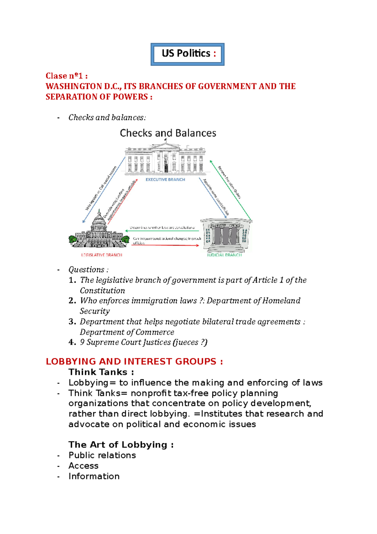 US Politics - Notes de cours 1 - US Politics : Clase nº1 : WASHINGTON D ...
