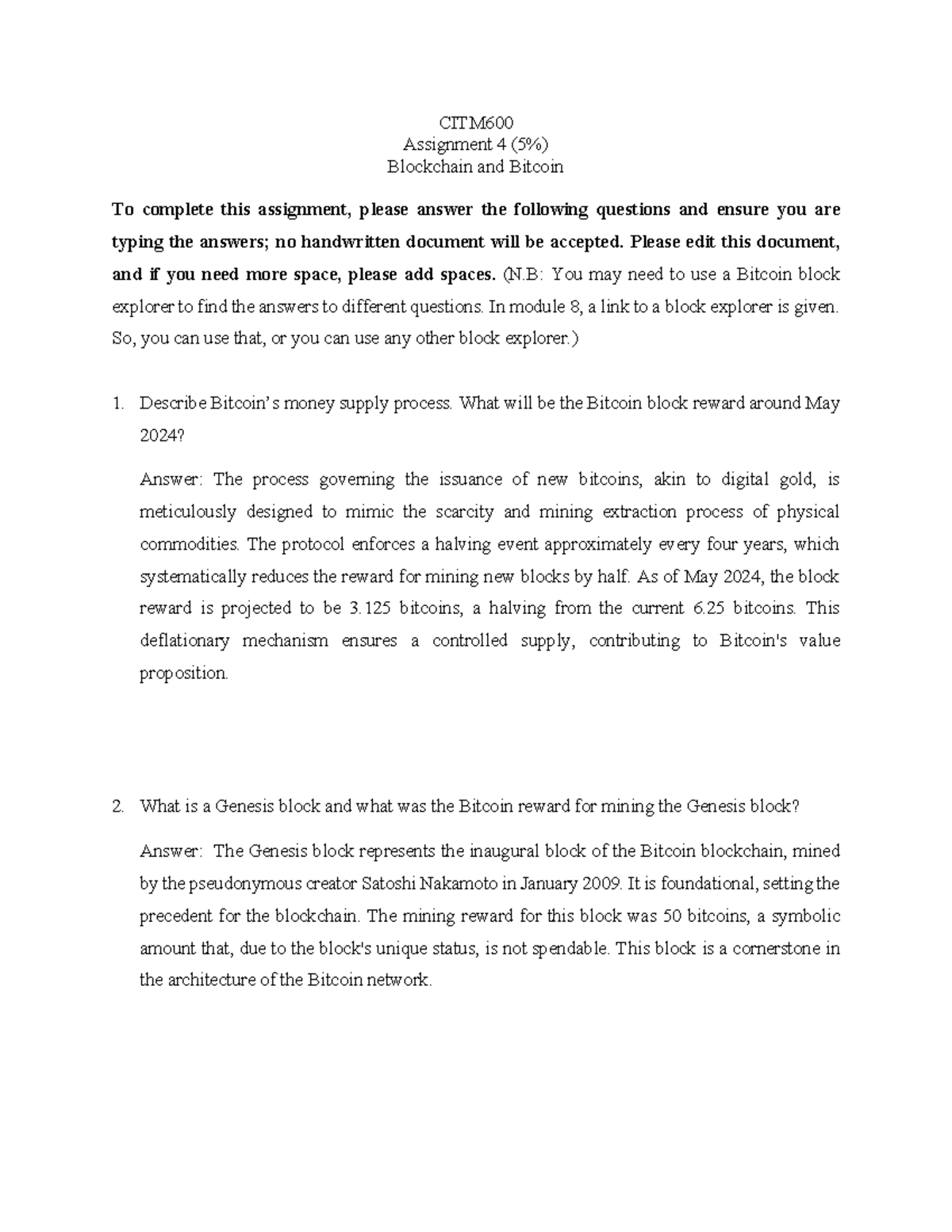 Assignment 4 - CITM Assignment 4 (5%) Blockchain and Bitcoin To complete this assignment, please ...