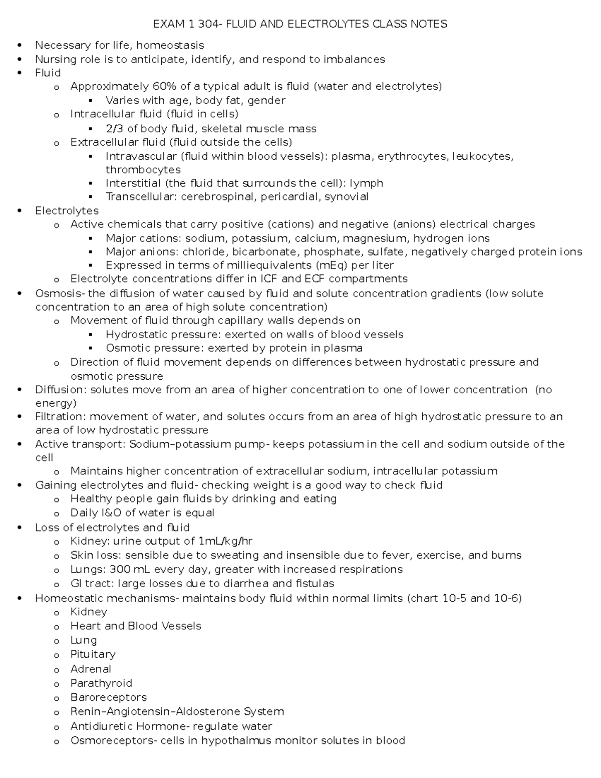 304 fluid notes - EXAM 1 304- FLUID AND ELECTROLYTES CLASS NOTES ...