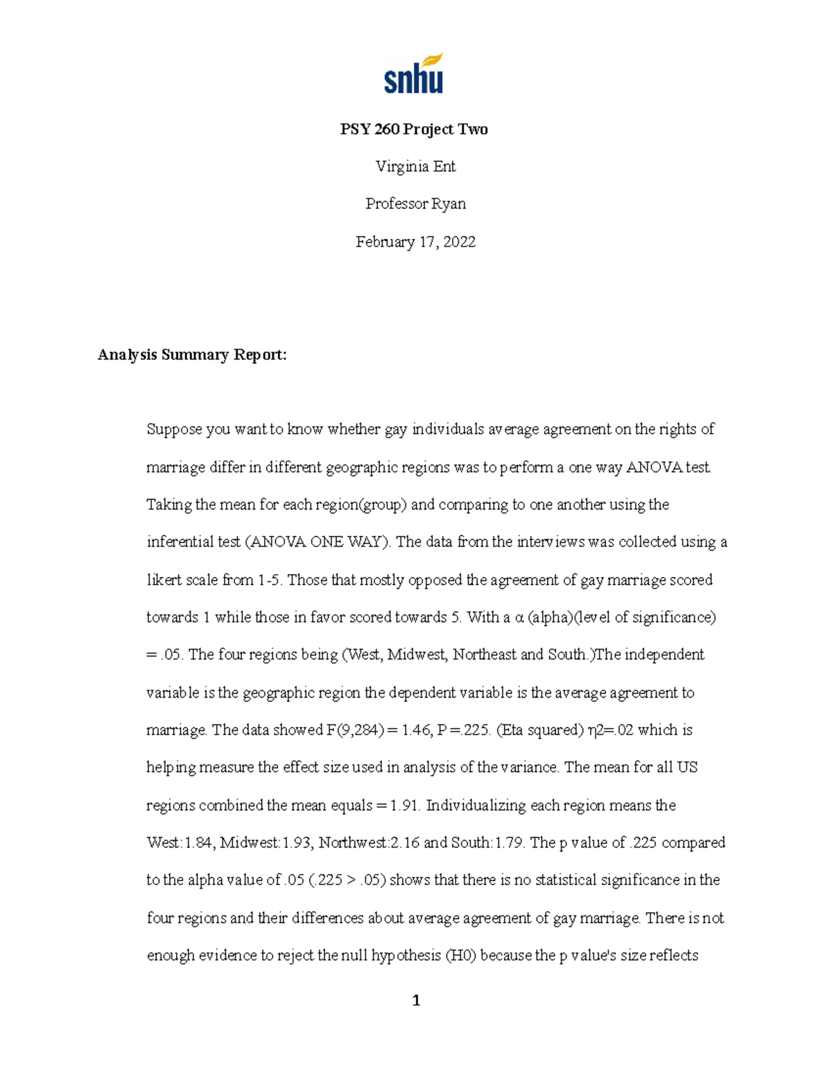 PSY260 Project Two blah blah blah final - PSY 260 Project Two Virginia ...