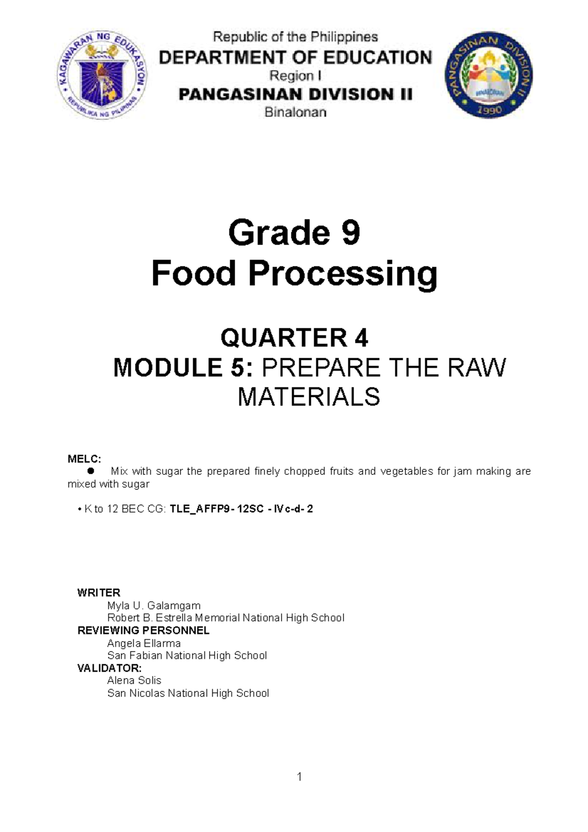Food Processing 9 Quarter 4 Module 5 Grade 9 Food Processing QUARTER