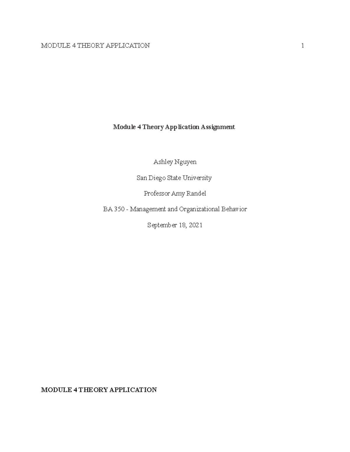 BA 350 - Module 4 Theory Application Assignment - MODULE 4 THEORY APPLICATION 1 Module 4 Theory ...