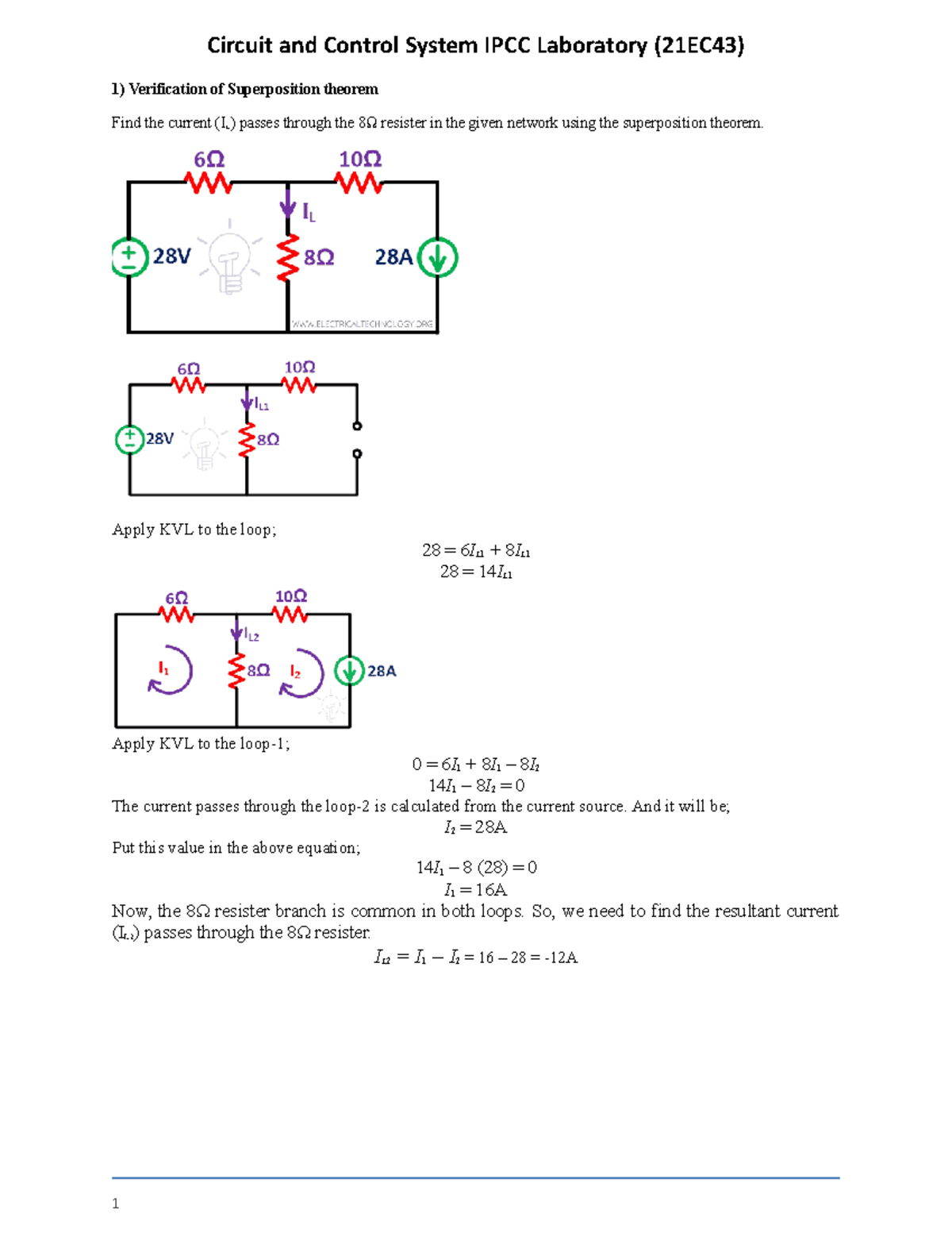 Circuit and Controls System IPCC Lab Manual - 1) Verification of Superposition theorem Find the ...