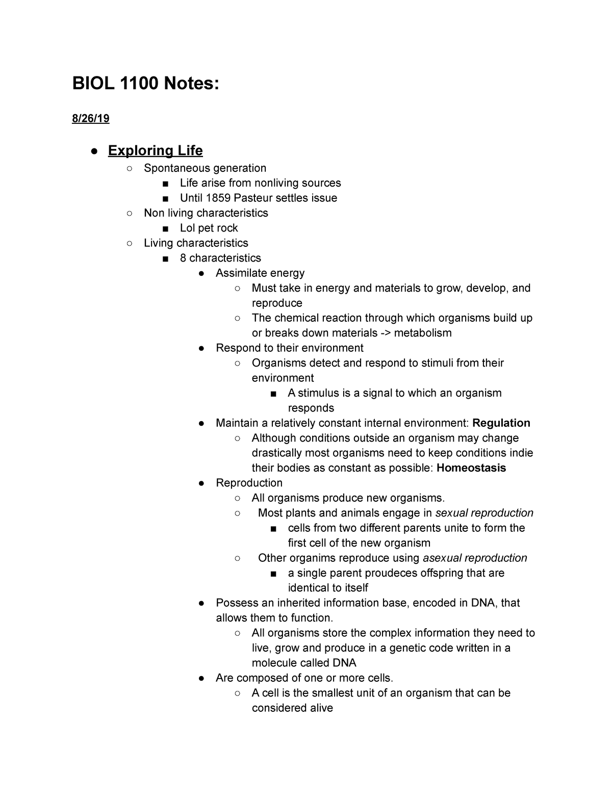 BIOL EXAM 1 Notes - Google Docs - BIOL 1100 Notes: 8/26/ Exploring Life ...