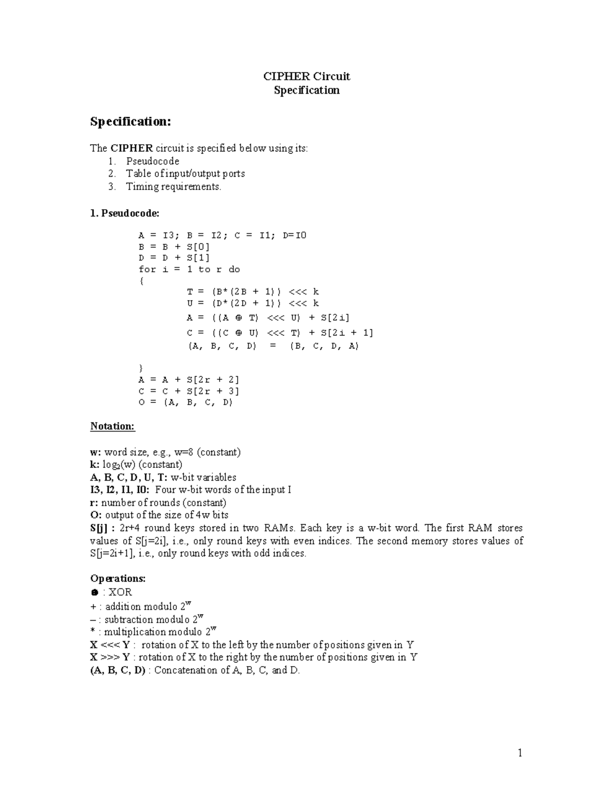 Class exercise 2b - CIPHER Circuit Specification Specification: The ...