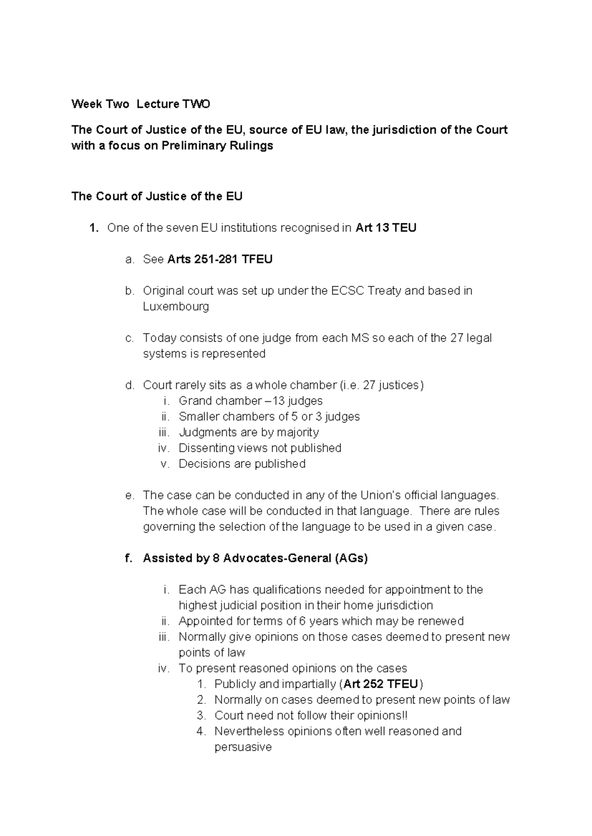EU subject outline - eu law notes - Week Two Lecture TWO The Court of ...
