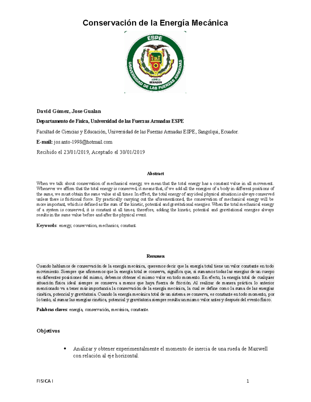 Informe CEM - ertertertert - Conservación de la Energía Mecánica David ...