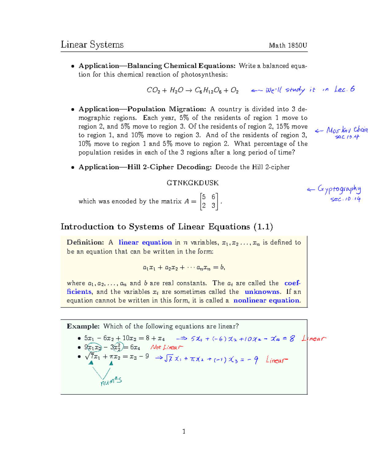 Lecture 1-posted - Linear Systems Math 1850U Application—Balancing ...