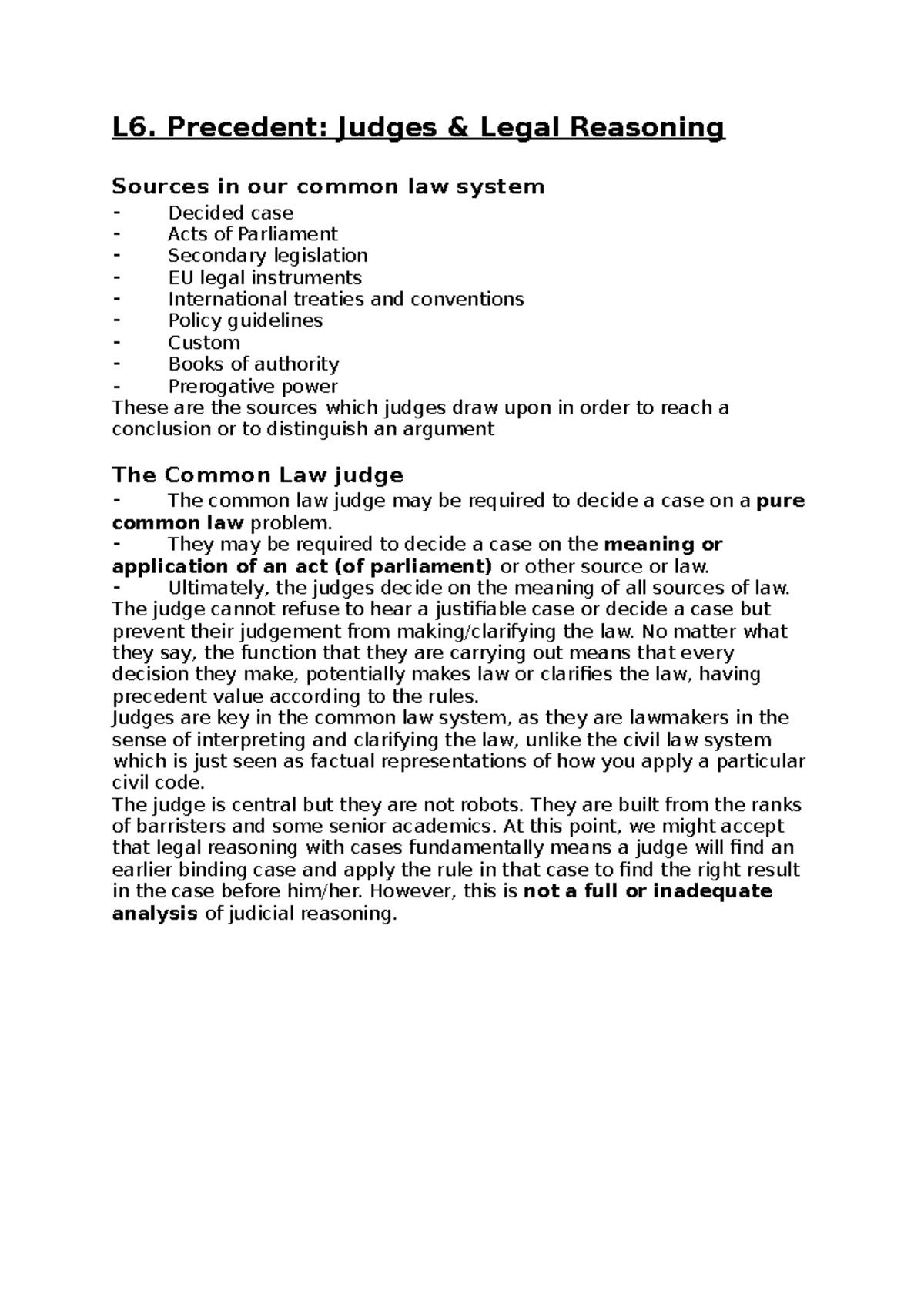 L6. Precedent: Judges & Legal Reasoning - L6. Precedent: Judges & Legal ...