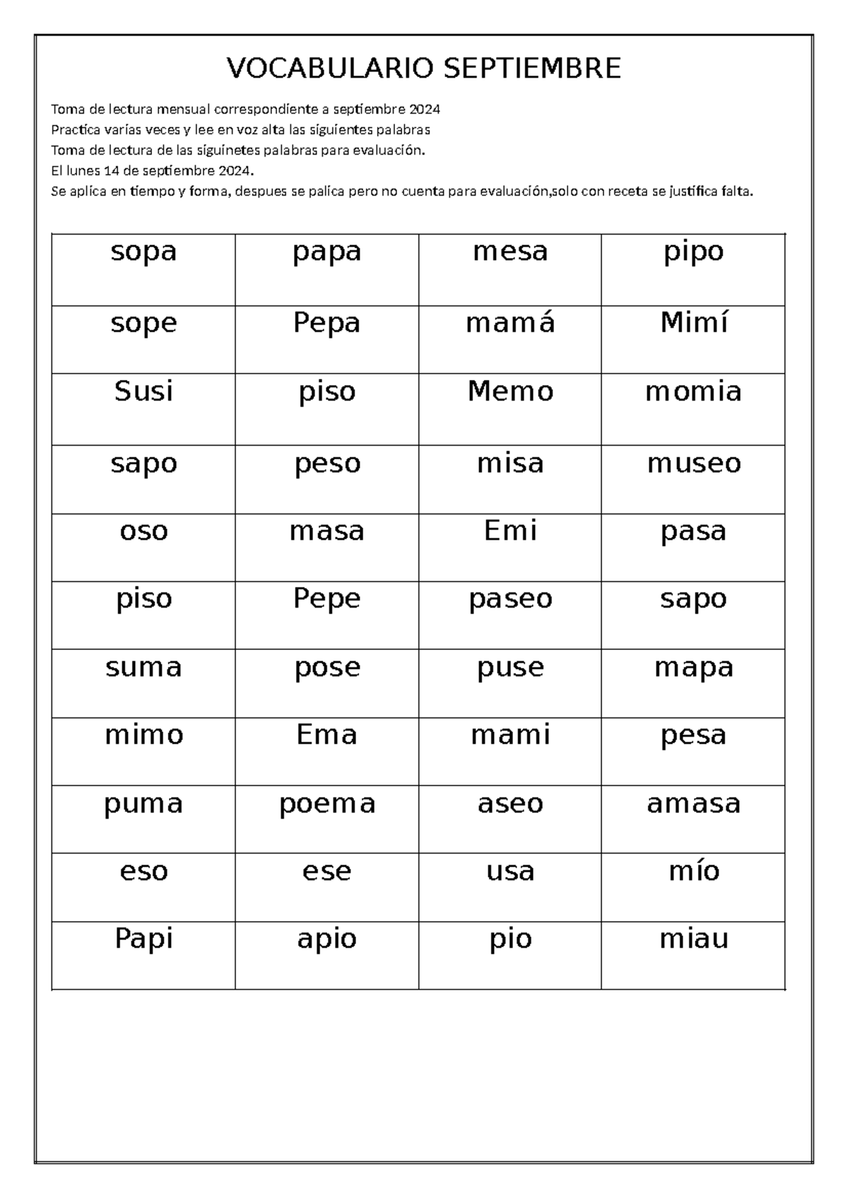 Vocabulario Septiembre - VOCABULARIO SEPTIEMBRE Toma de lectura mensual ...