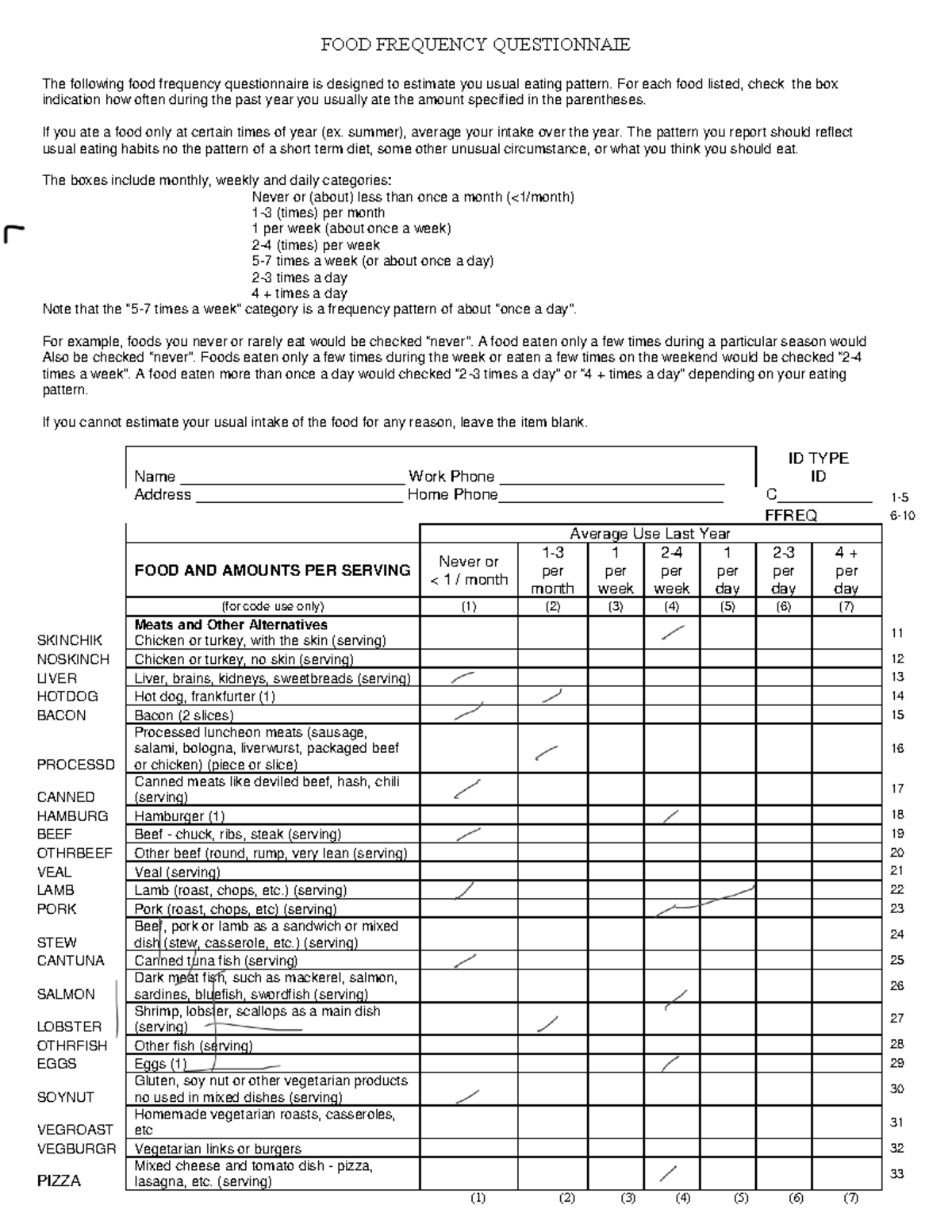 Exam 3 Food Frequency Questionnaire - FOOD FREQUENCY QUESTIONNAIE The ...