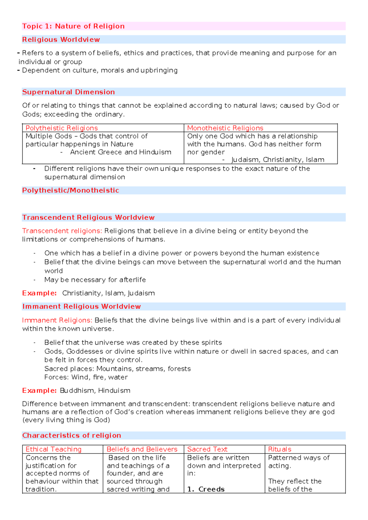SOR 2 Prelim Notes - Topic 1: Nature of Religion Religious Worldview ...