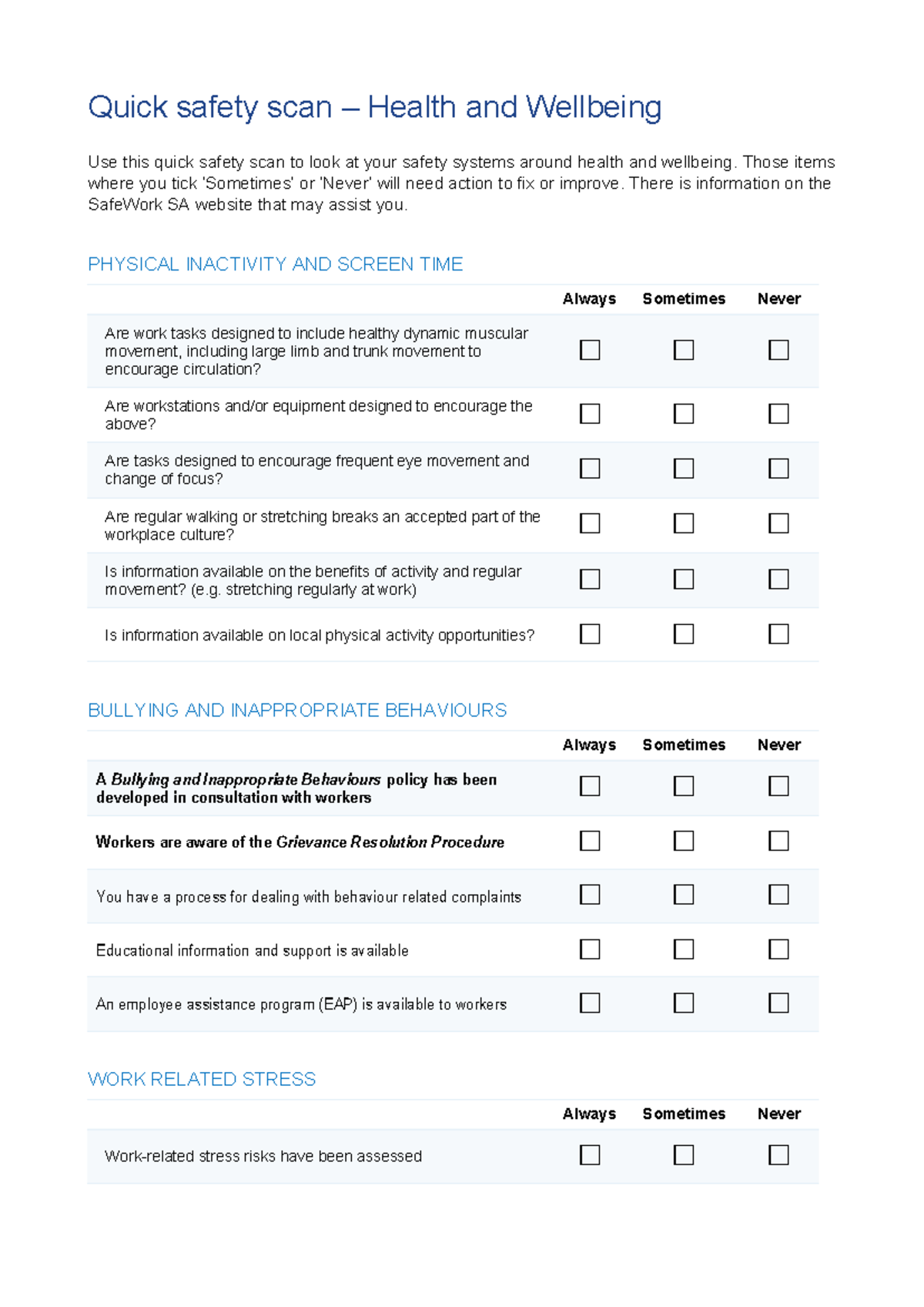 Wellbeing, Psych and Physical Safety Scan - Quick safety scan – Health ...