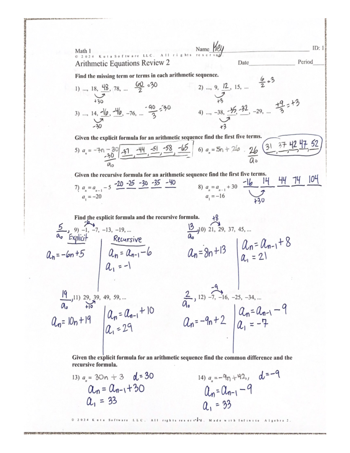 Arithmetic Review 2 Key - Math 1 Name Key ID: 1 02024 KutaSoftware LLC ...