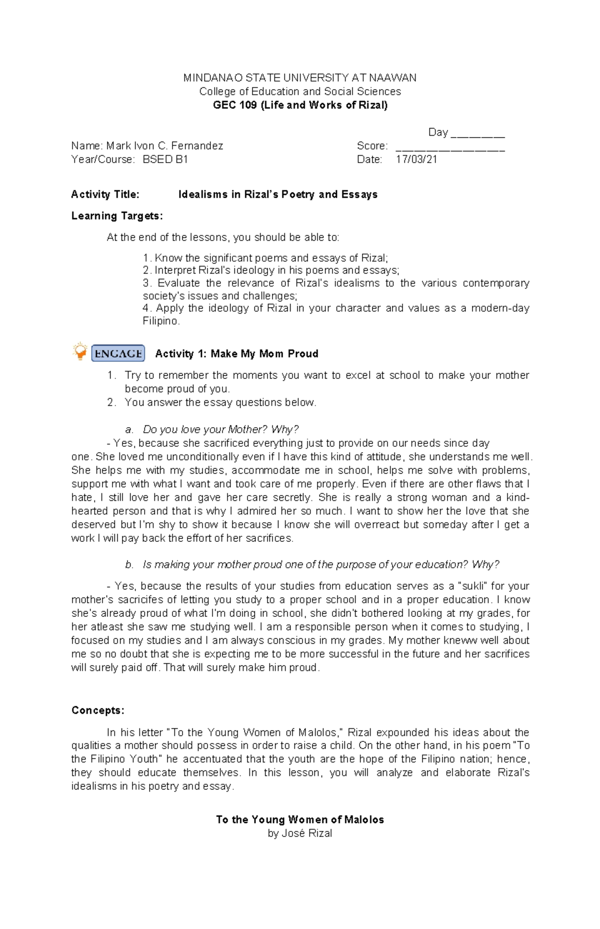 Mark Ivon Fernandez - GEC 109 Module 3 Unit 3 Idealism in Rizal's ...