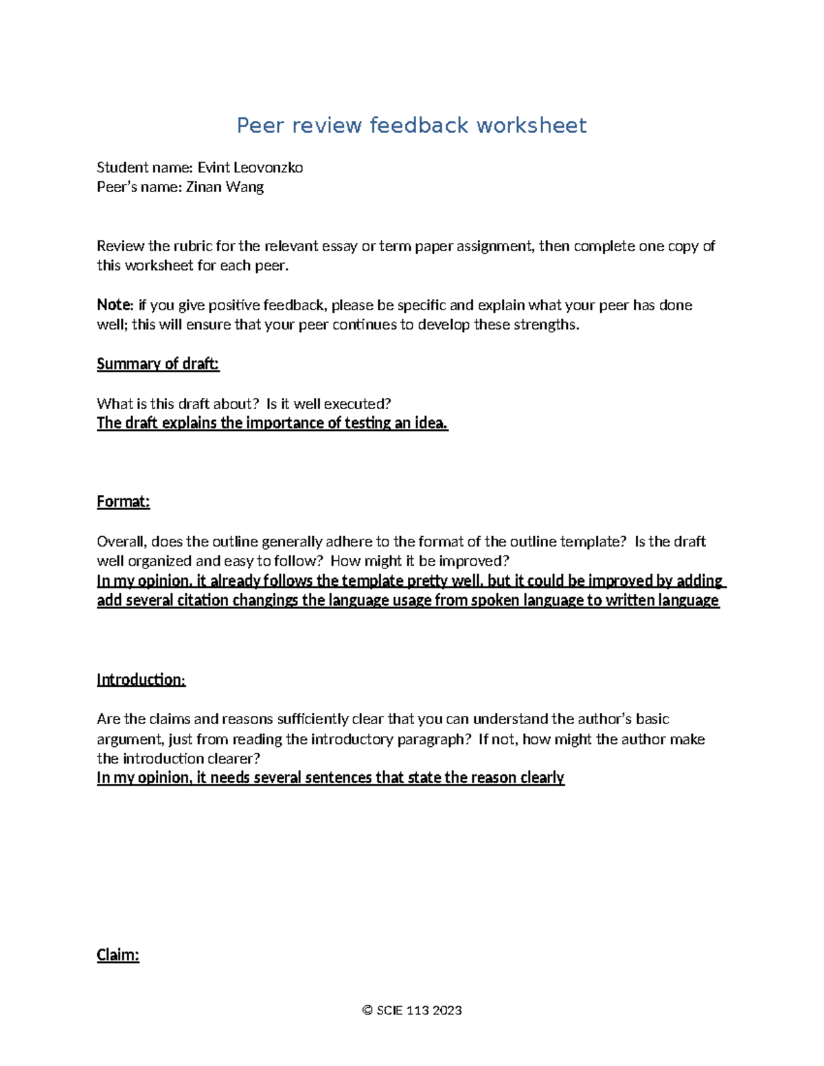 Worksheet Peer Review Feedback - Peer review feedback worksheet Student ...