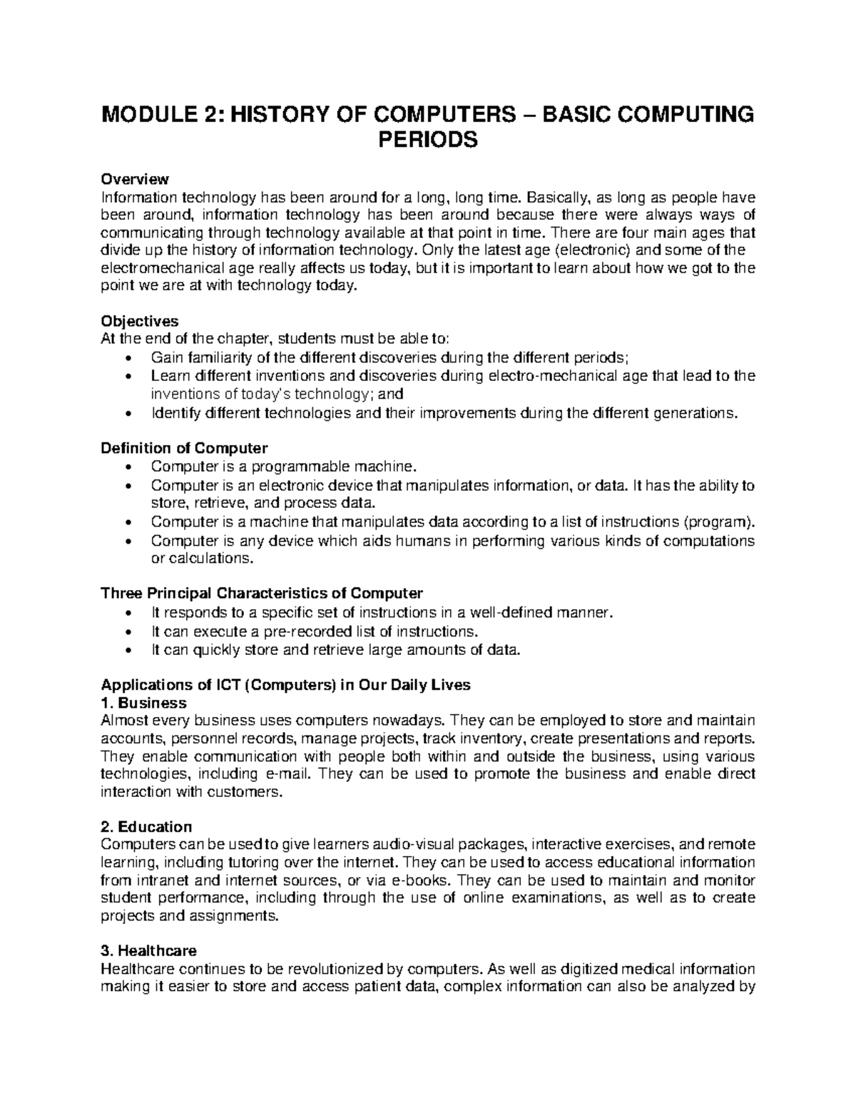 GE 112 - Unit 2 (History of Computers) - MODULE 2: HISTORY OF COMPUTERS – BASIC COMPUTING ...