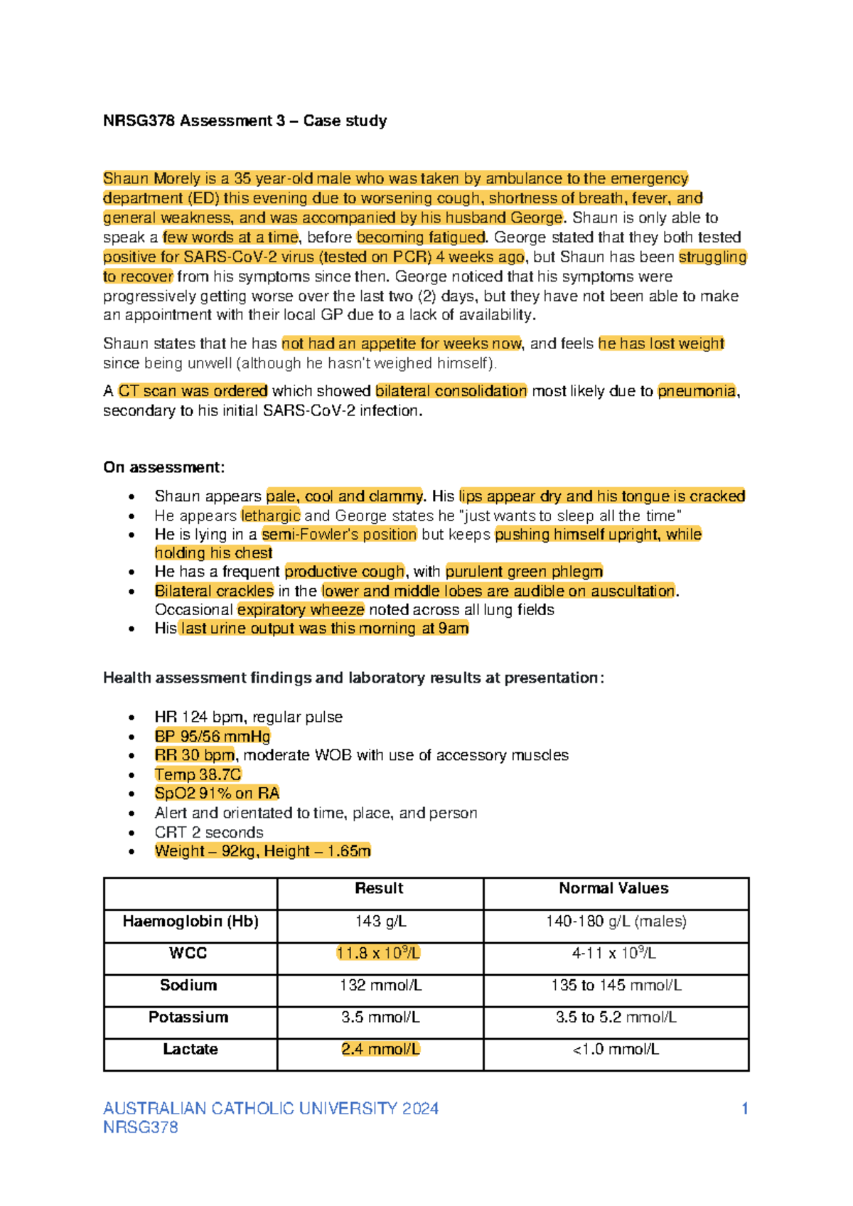 NRSG378 Assessment 3 – Case Study - AUSTRALIAN CATHOLIC UNIVERSITY 2 ...