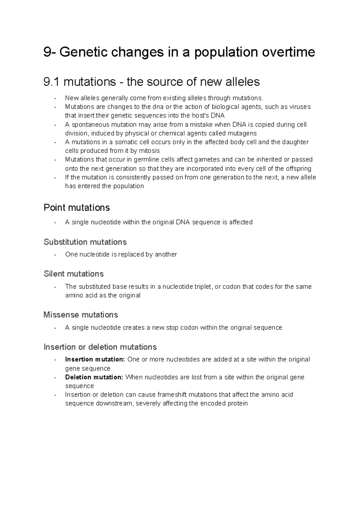 9- Genetic changes in a population overtime - Mutations are changes to ...