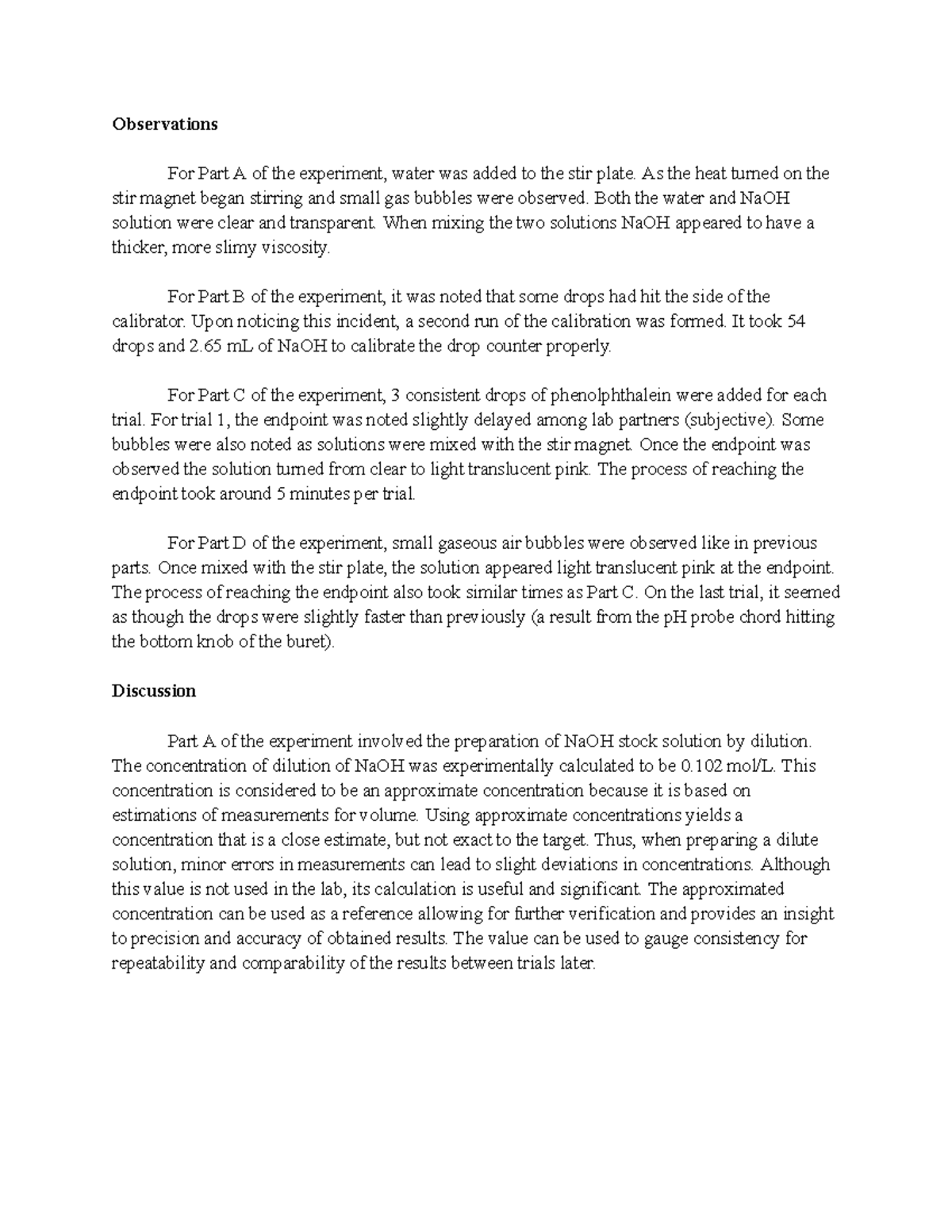 Lab 4 Acid-Base Titrations - Observations For Part A of the experiment ...
