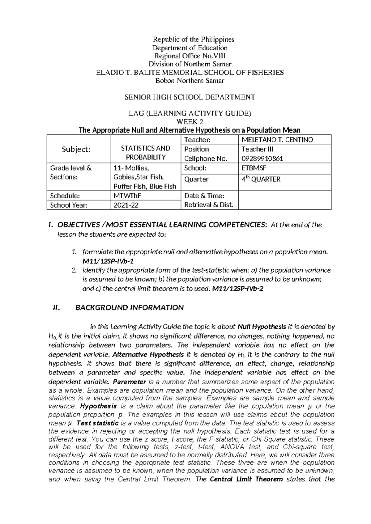 4th Quarter Week 2 LAG Statistics AND Probability - Republic of the ...