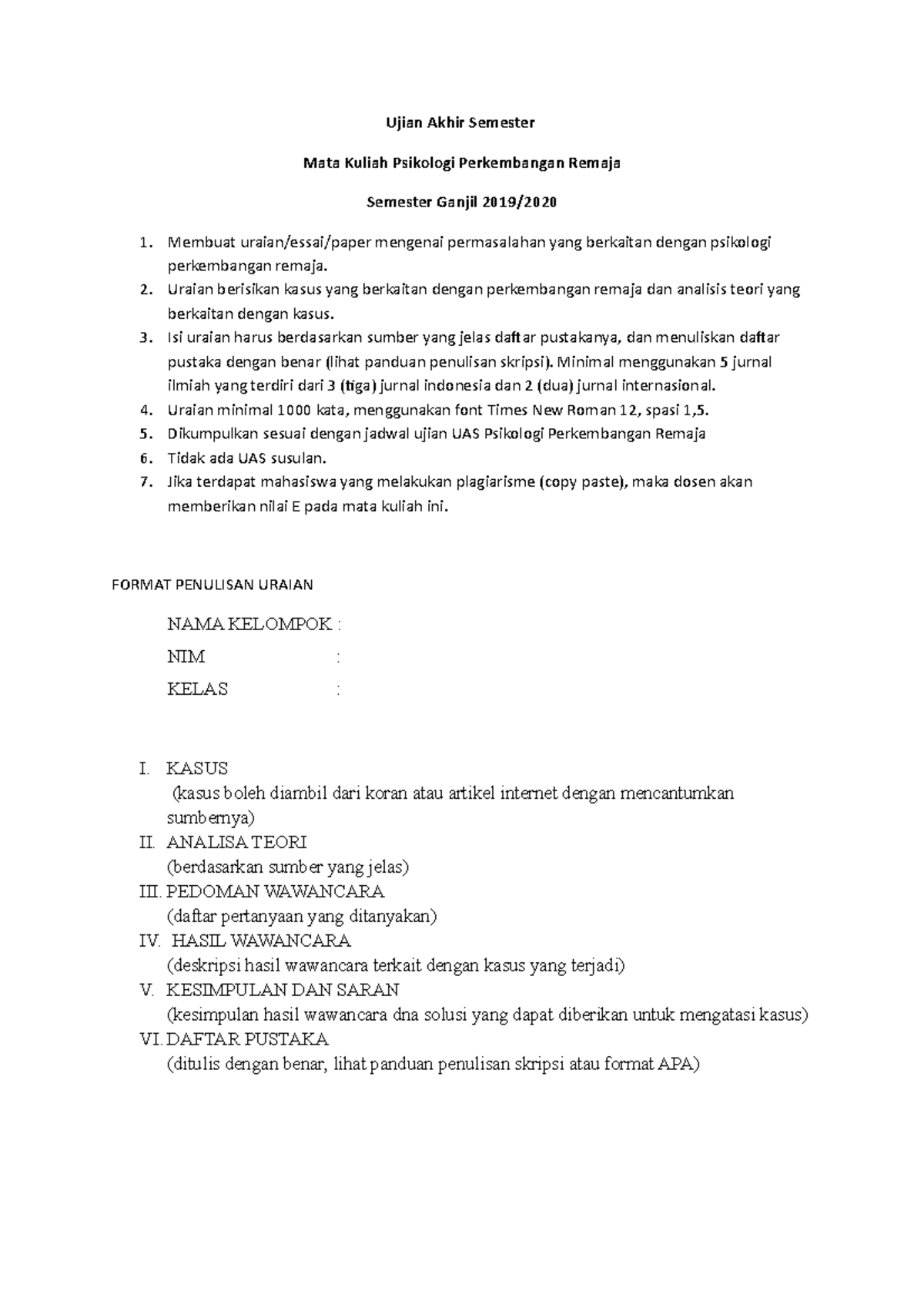 Ujian Akhir Semester Psikologi Perkembangan Remaja - Ujian Akhir ...