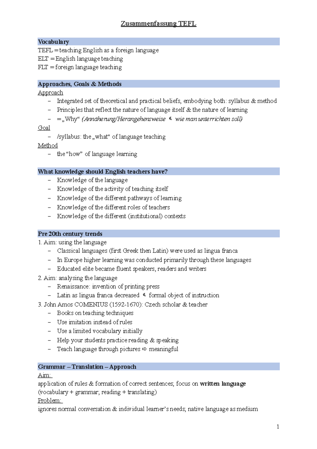 Zusammenfassung - Vocabulary TEFL = teaching English as a foreign ...