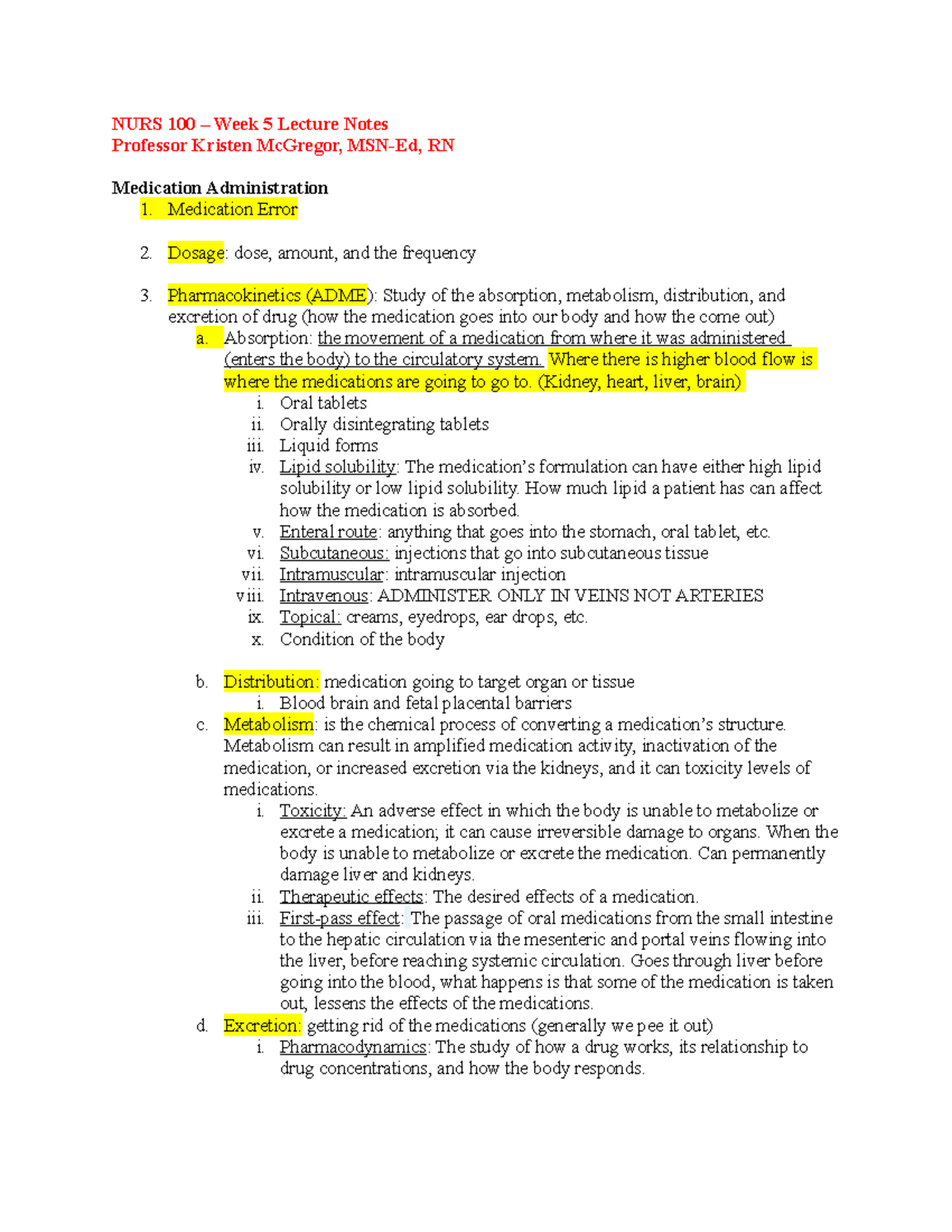 NURS 100 - Week 5 - Lecture Notes (1) - NURS 100 – Week 5 Lecture Notes ...